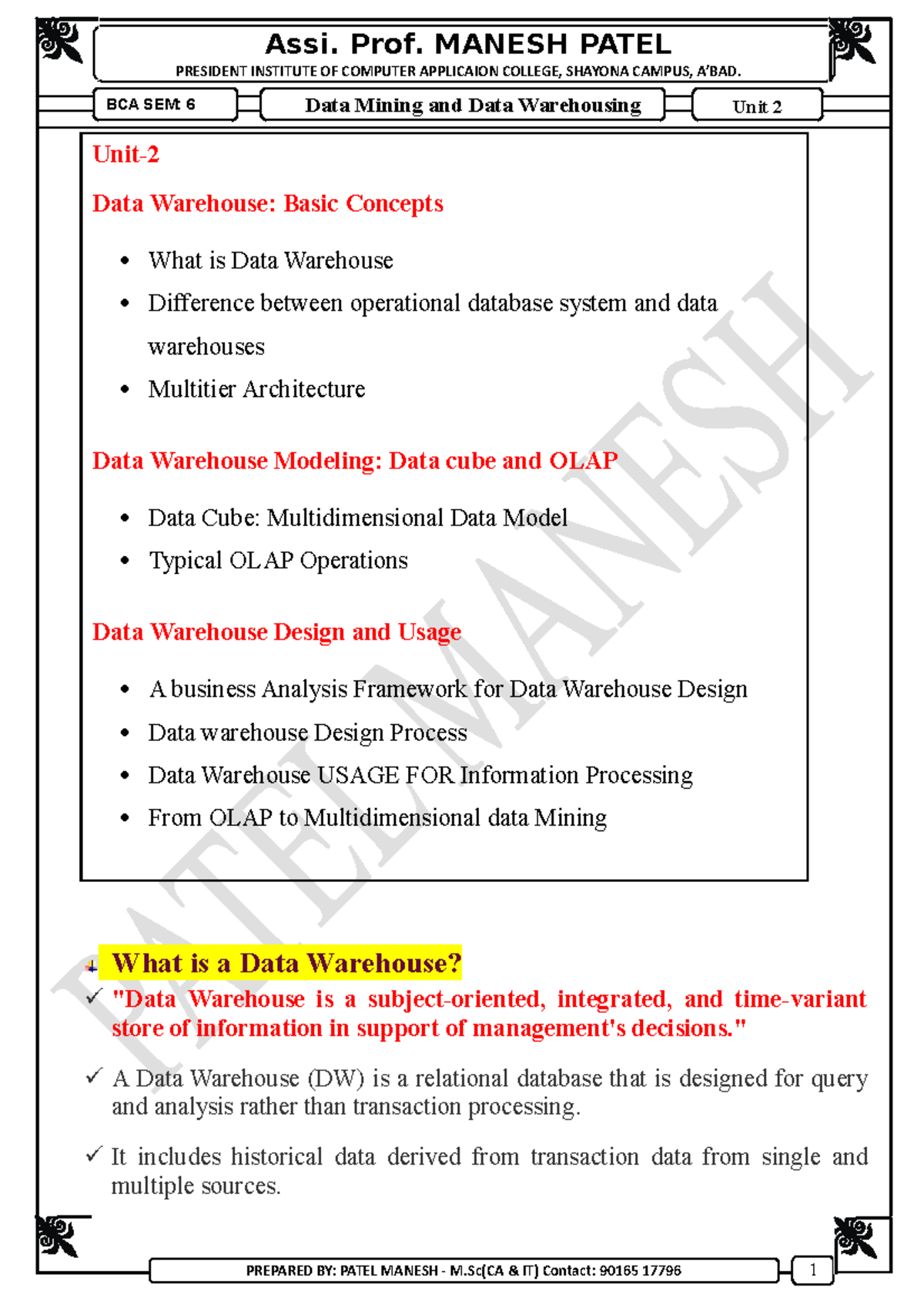 Unit 2 Data warehouse and Mining - Assi. Prof. MANESH PATEL PRESIDENT ...