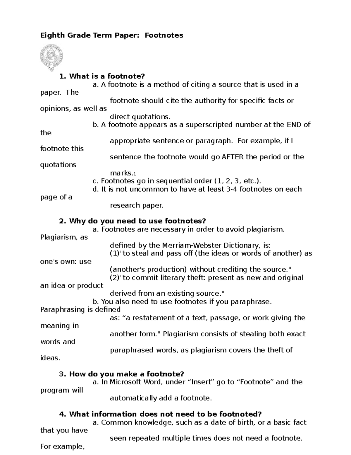 Eighth Grade Term Paper: Understanding Footnotes and Their Use - Studocu