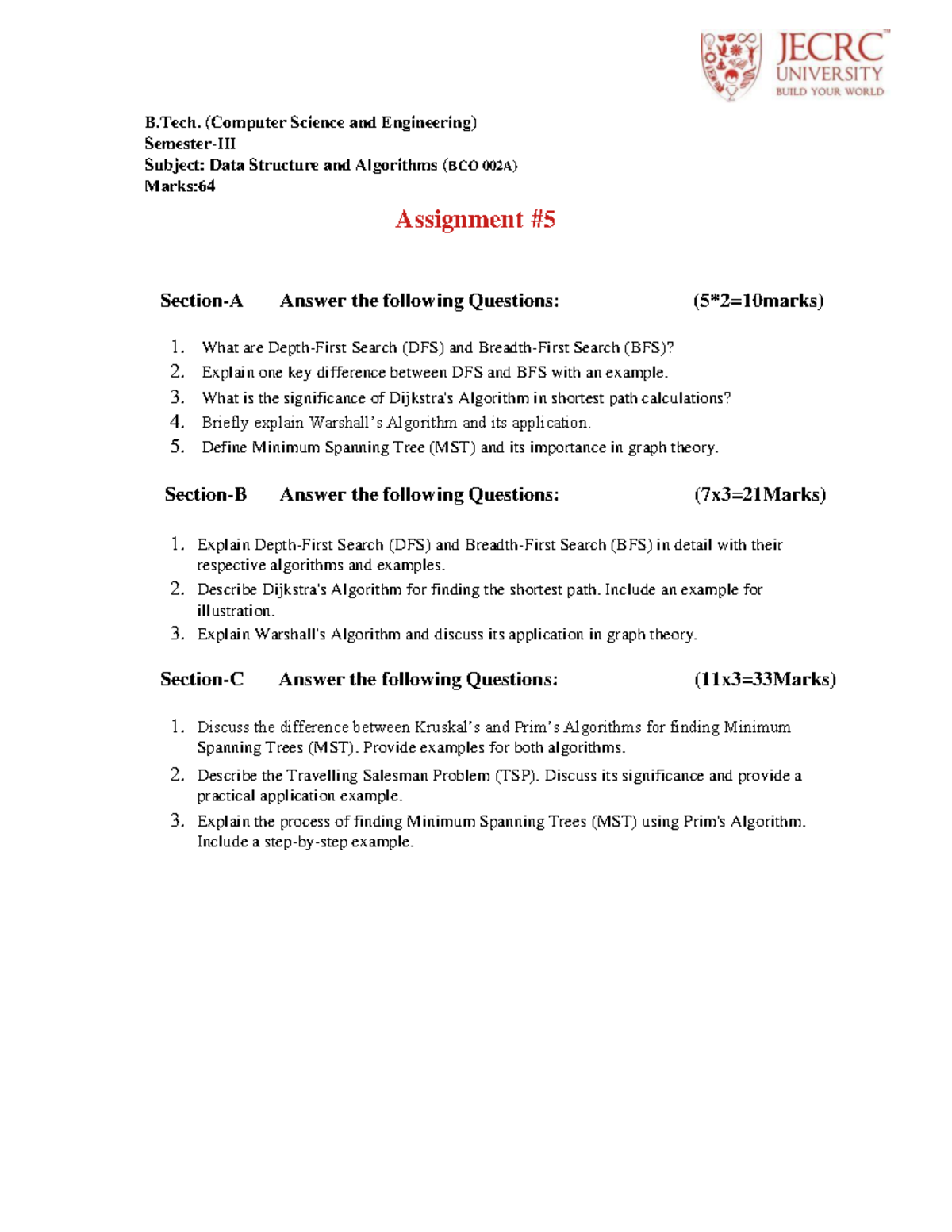 Assignment 5 Dsa B Computer Science And Engineering Semester Iii Subject Data Structure 0590