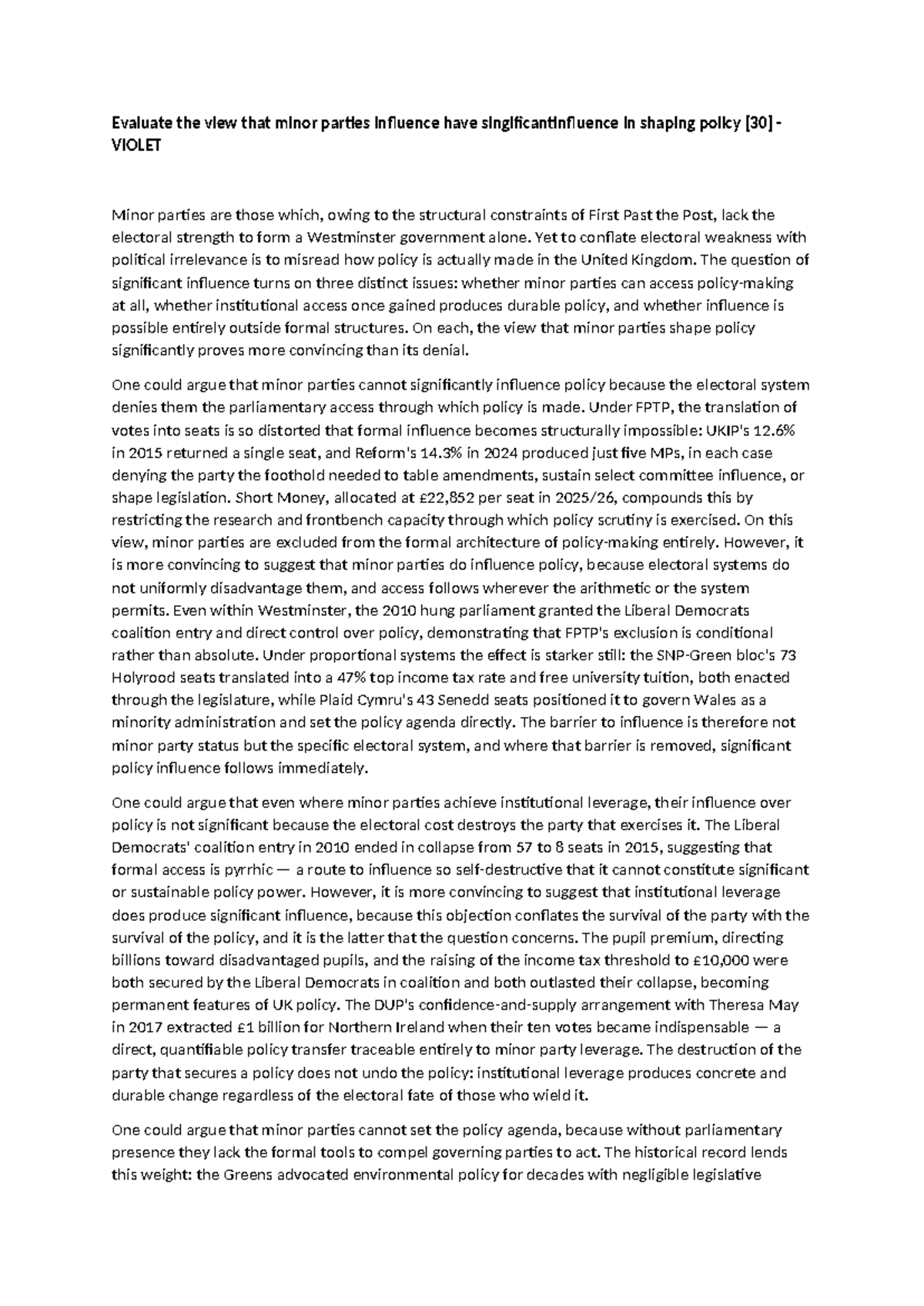 Evaluating Minor Parties' Significant Influence on Policy: A Critical ...
