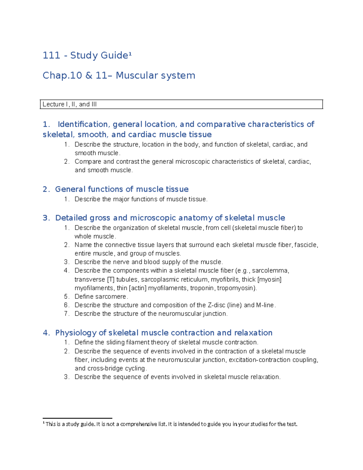 Study Guide for Muscular System: Lecture I, II, & III (Chap. 10) - Studocu
