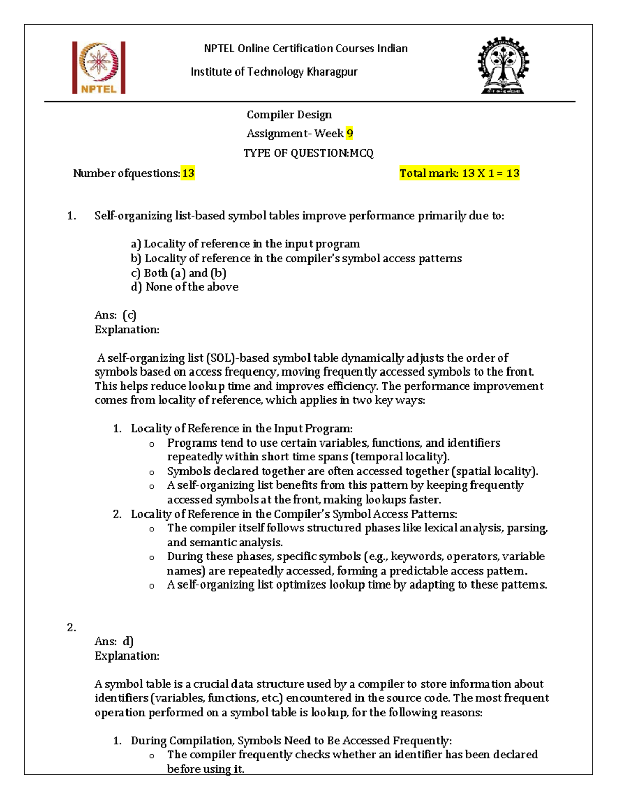 Assignment 9 Solution Compiler Design - NPTEL Online Certification ...
