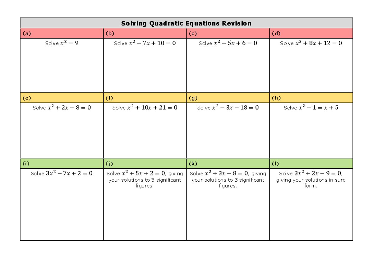 Quadratic Equations Revision Practice Grid (Math 101) - Studocu