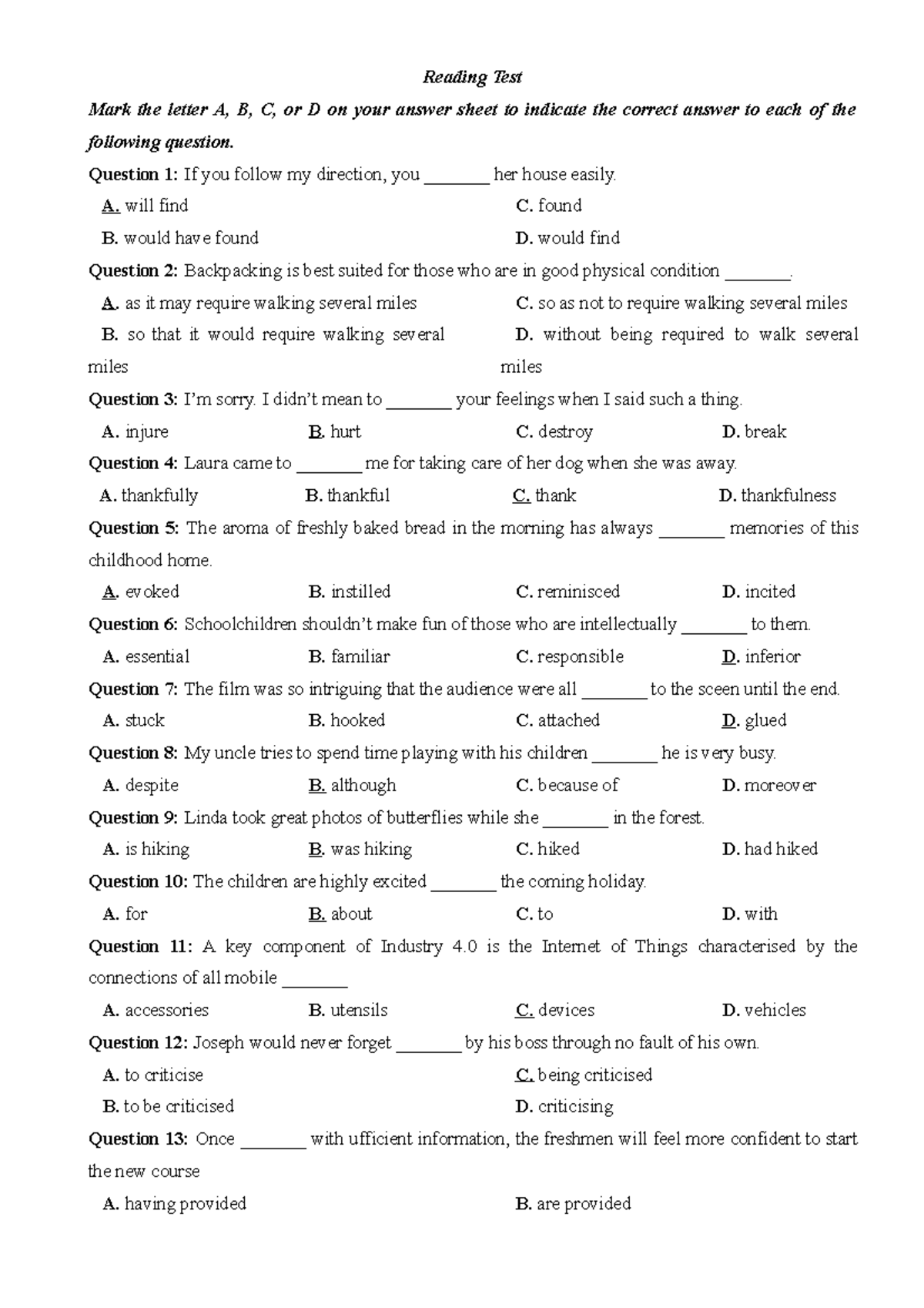 Reading Test-mt-4 - Grammar - Reading Test Mark the letter A, B, C, or ...