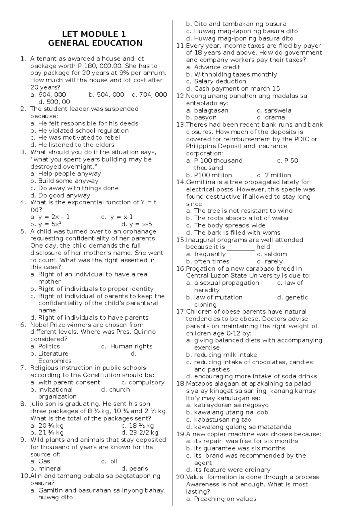 GEN ED A - General Education LET Reviewer - LET MODULE 1 GENERAL ...