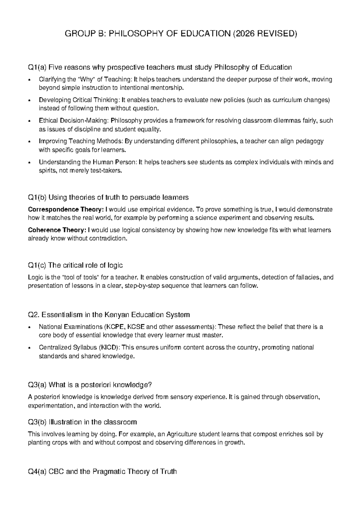 GROUP B: PHILOSOPHY OF EDUCATION 2026 REVISED Q1-Q4 Study Notes - Studocu