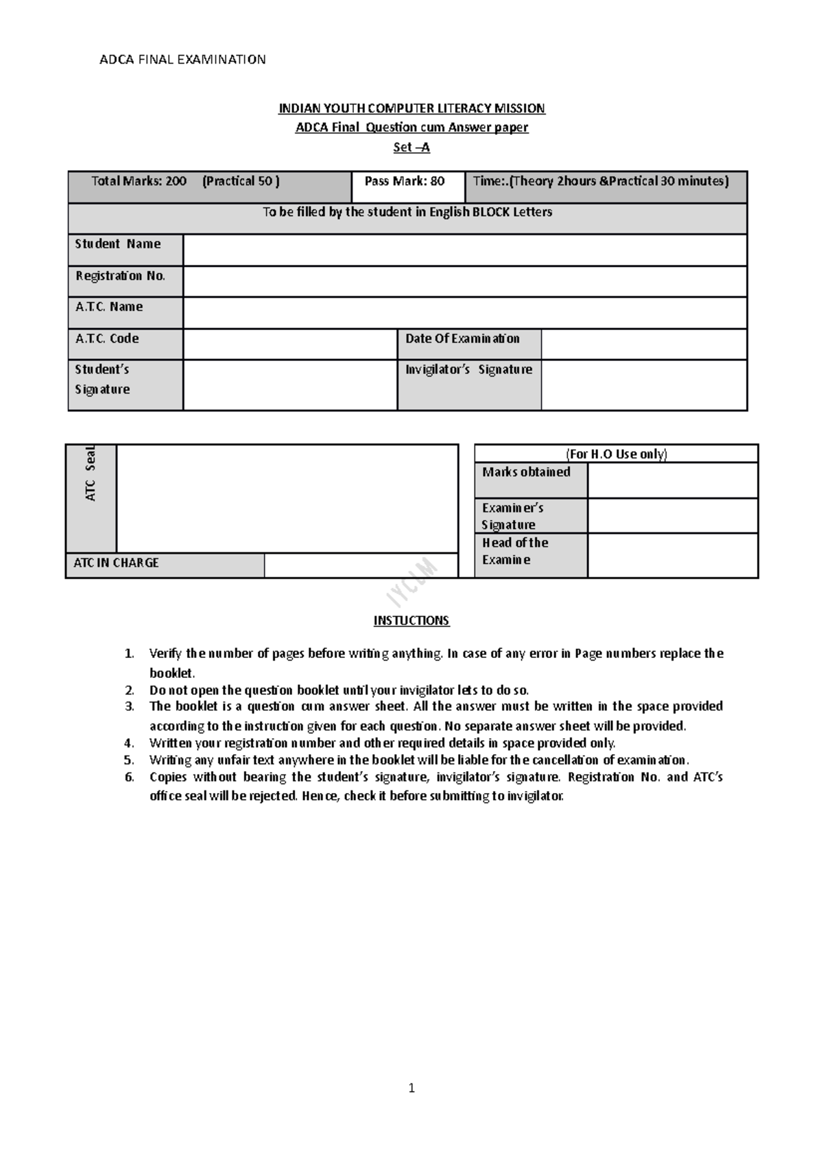 ADCA Final Exam Question Paper with Full Answers - Set A - Studocu