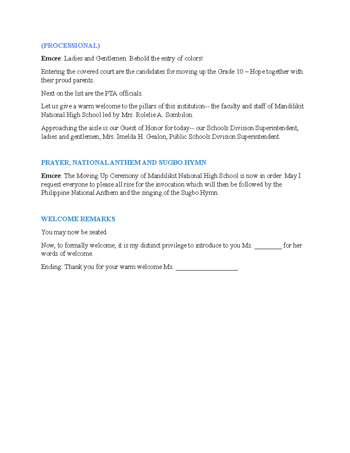 Grade 10 Moving Up Ceremony Script - Mandilikit National High School ...
