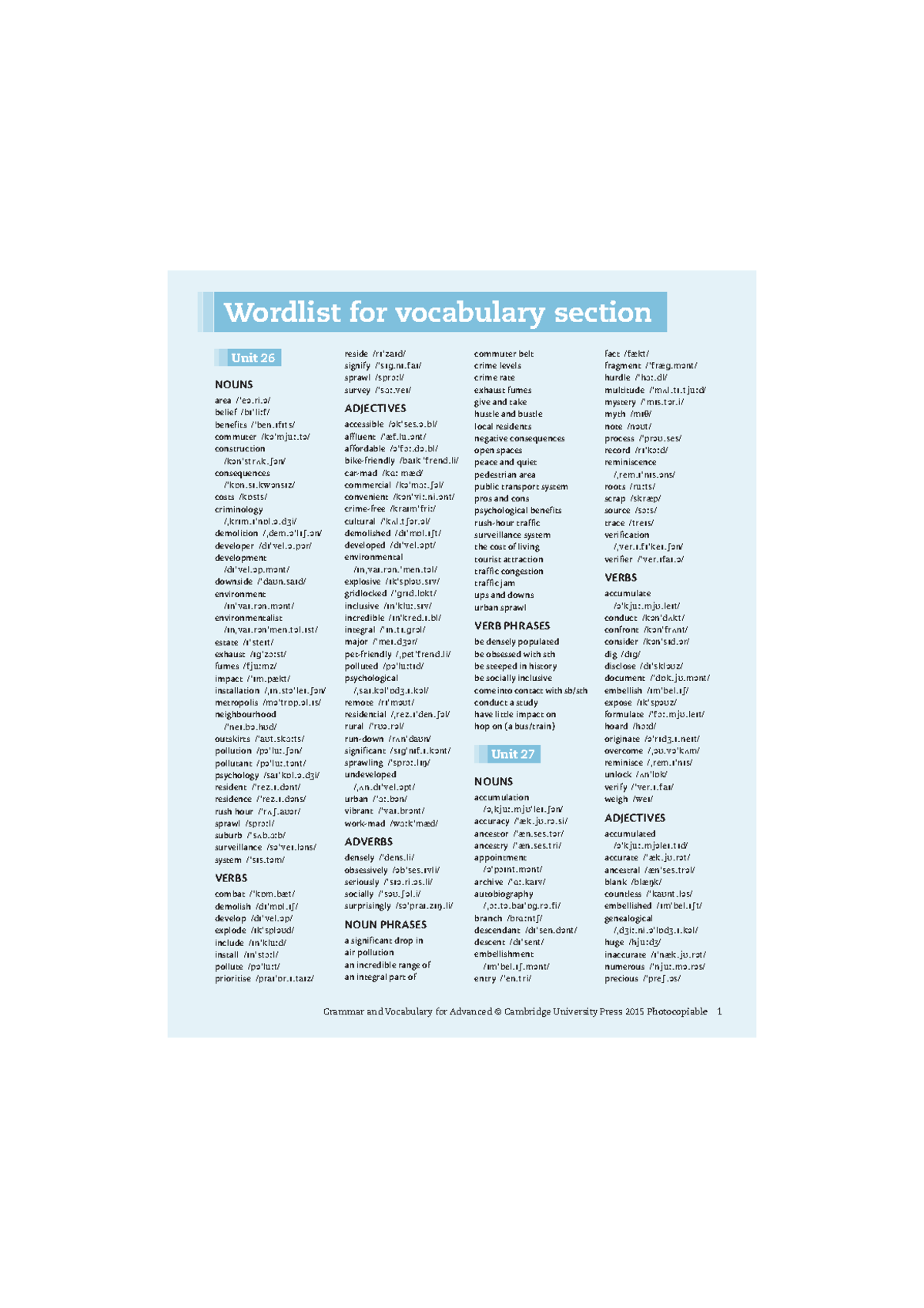 Advanced Vocabulary Wordlist for Grammar Studies Unit 26 to Unit 33 ...