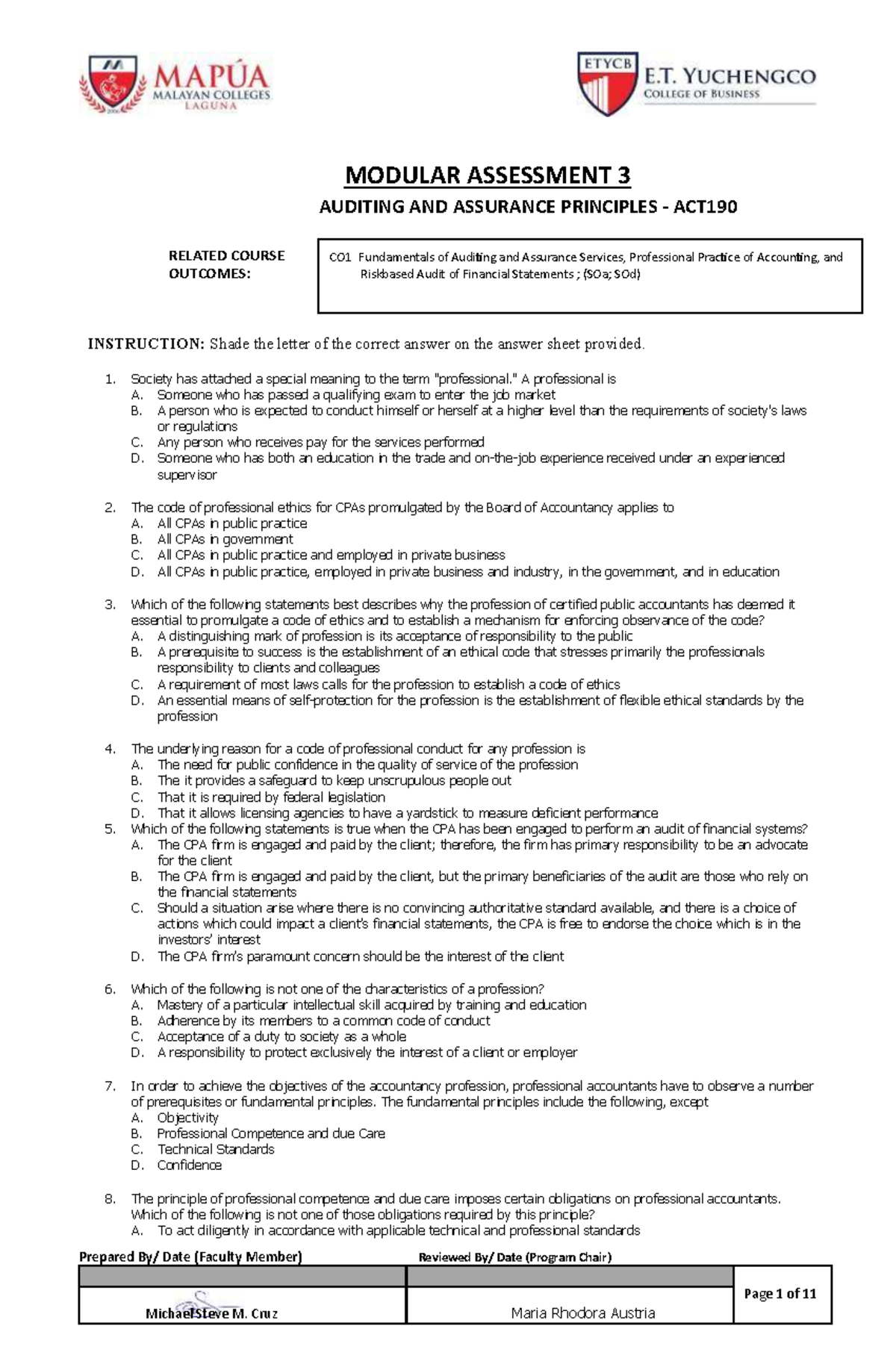 Modular Assessment 3: Auditing and Assurance Principles (ACT190) Exam Guide - Studocu