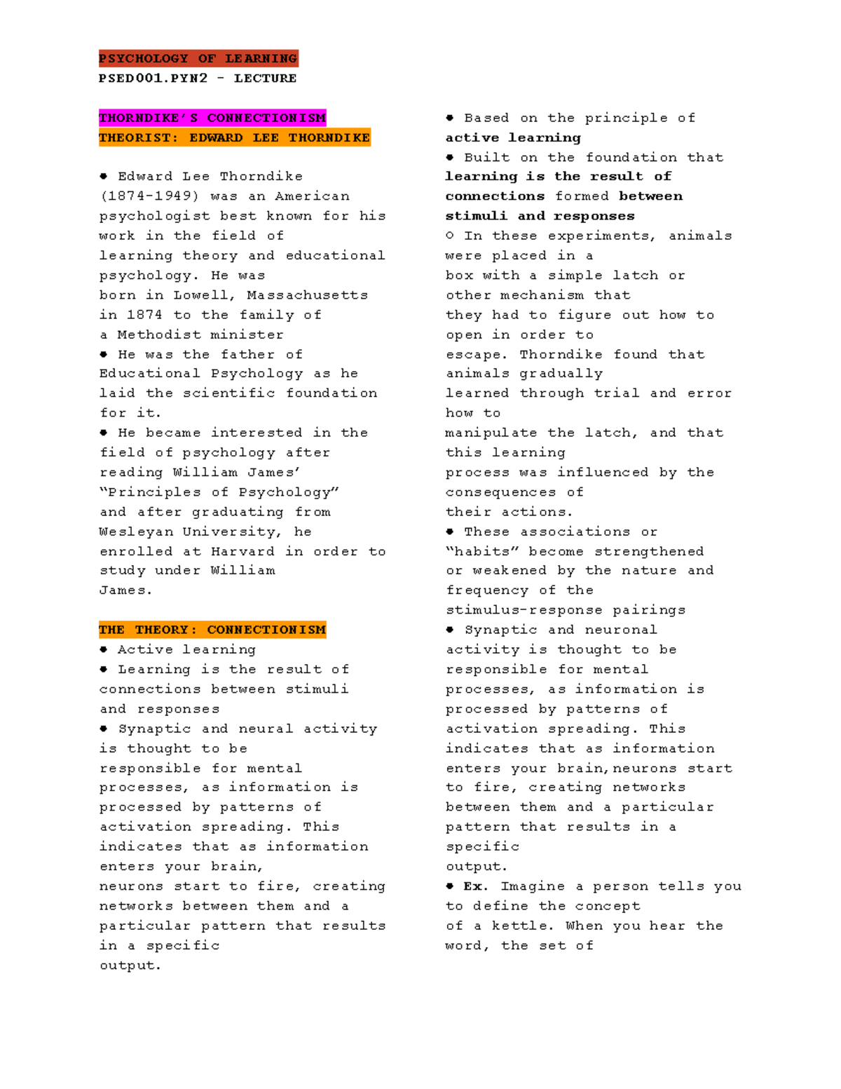 Psych OF Learning yukichi Reviewer PYN2 - PSED001 - LECTURE THORNDIKE’S ...