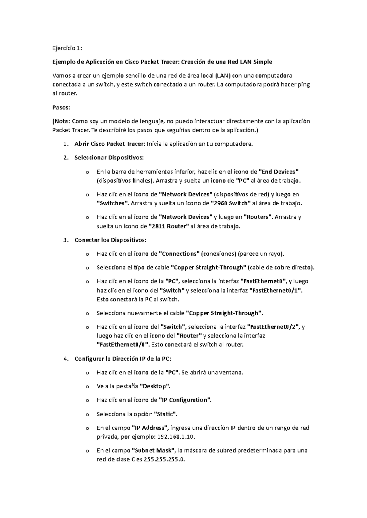 Ejercicio 1: Creación de una Red LAN Simple en Cisco Packet Tracer - Studocu