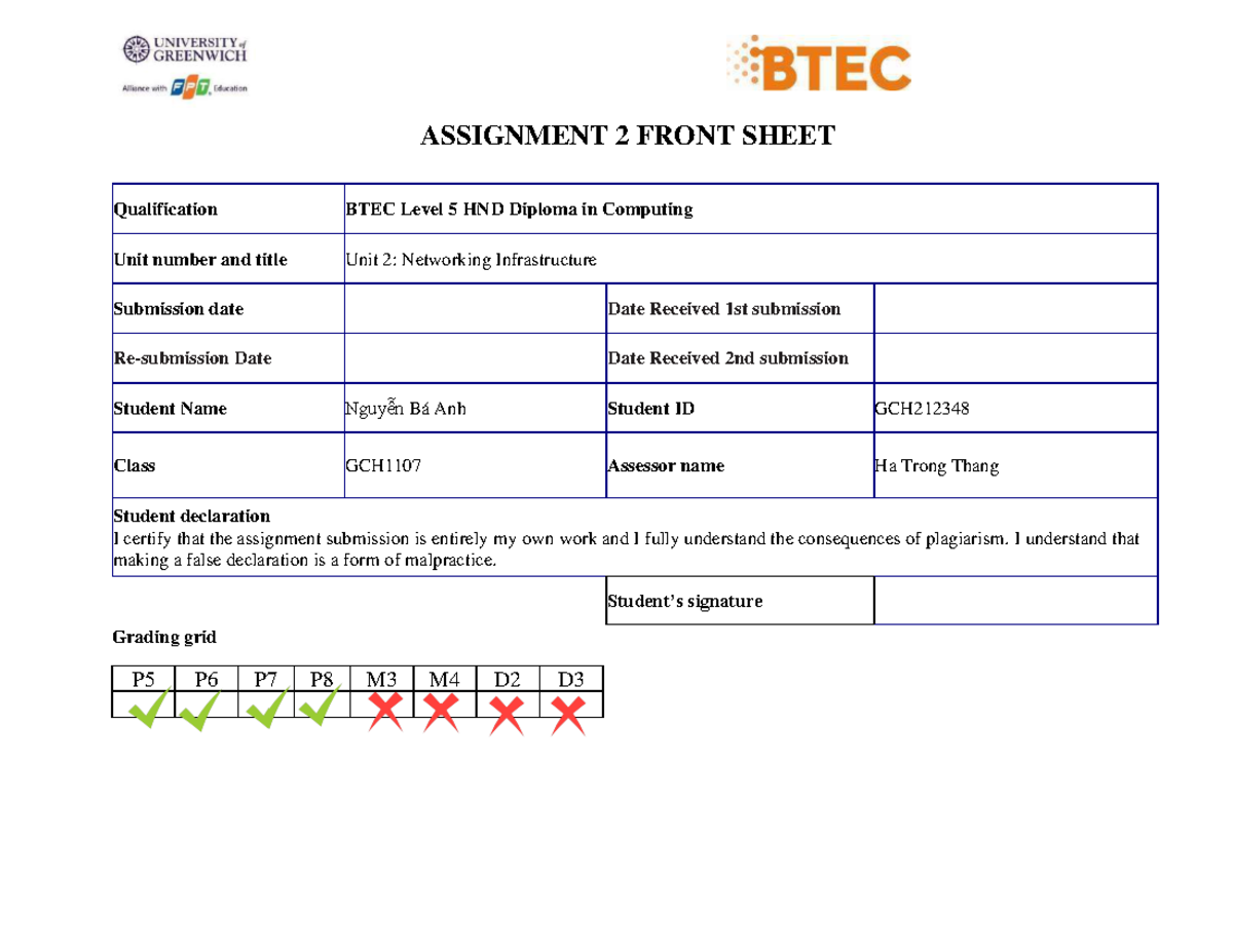 1 - ASS2 Networking - ASSIGNMENT 2 FRONT SHEET Qualification BTEC Level 5 HND Diploma in ...