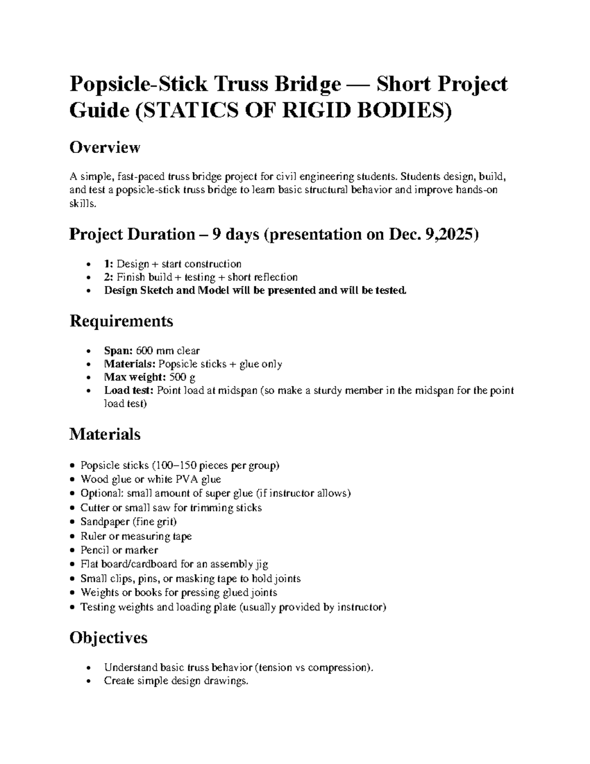 Truss Bridge Model Project Guide (STATICS OF RIGID BODIES) - Studocu