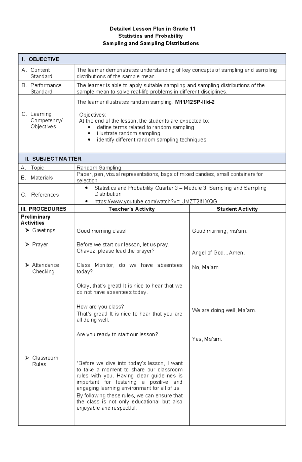 Grade 11 Statistics & Probability: Lesson Plan on Sampling Techniques ...