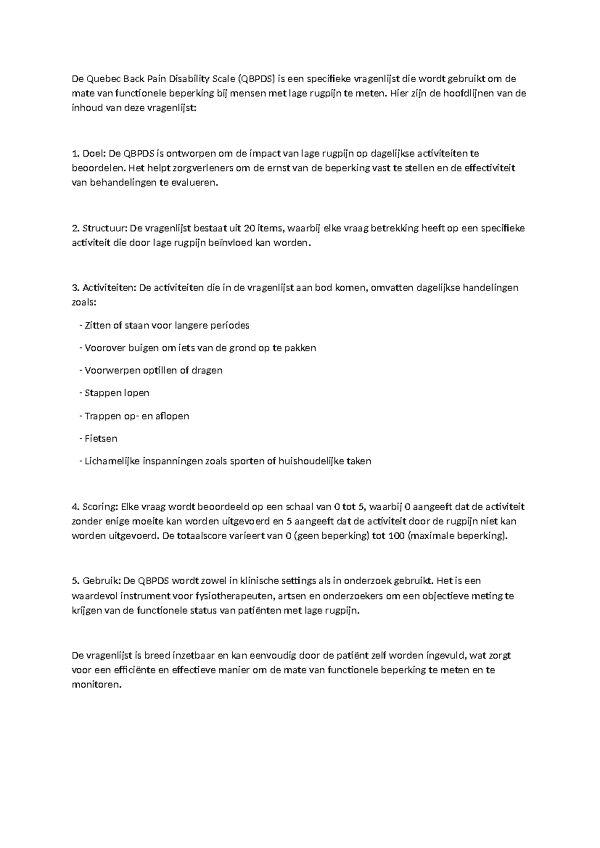 Uitleg van de Quebec Back Pain Disability Scale (QBPDS) - Studeersnel