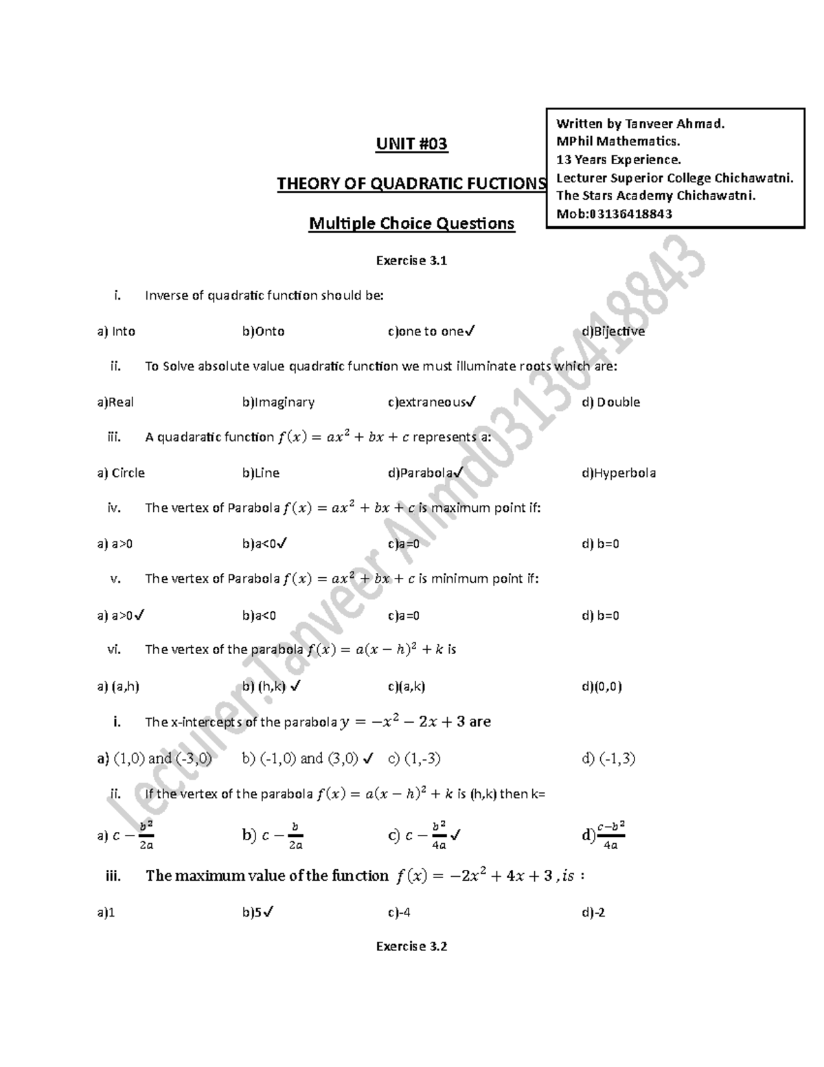 MATH 11: Unit 3 Solved MCQs on Quadratic Functions - Studocu
