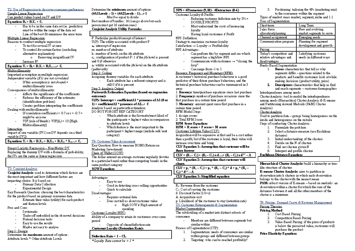 MARK3054 - Cheat Sheet of Formulas and Definitions - T2: Use of ...