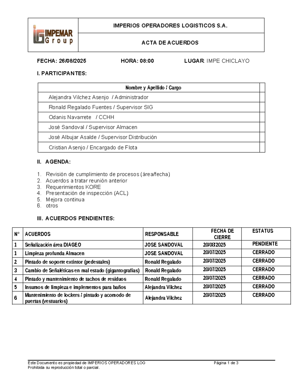 Acta de Acuerdos - IMPERIOS OPERADORES LOGISTICOS S.A. - Studocu