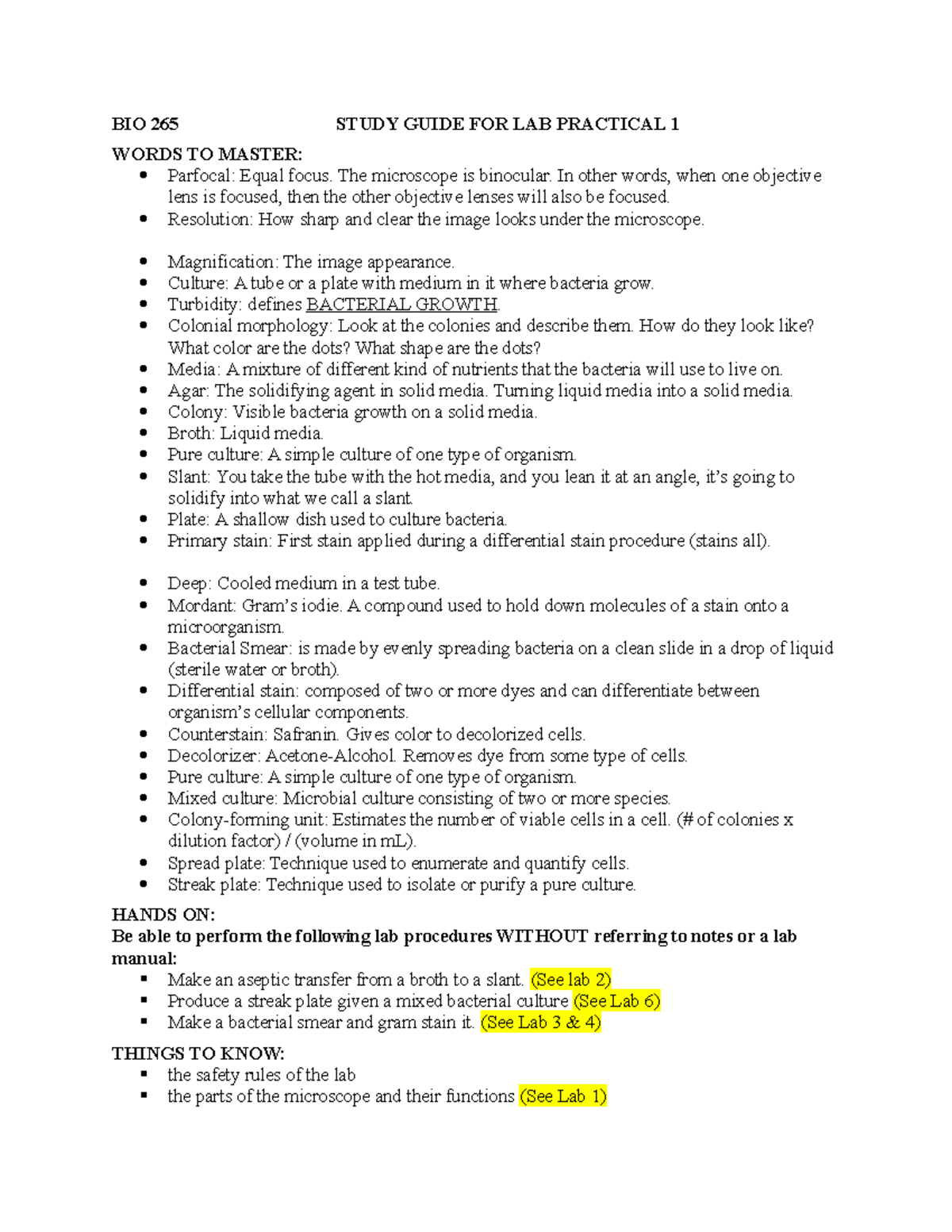 BIO 265 Study Guide for Lab Practical 1: Key Terms and Techniques - Studocu