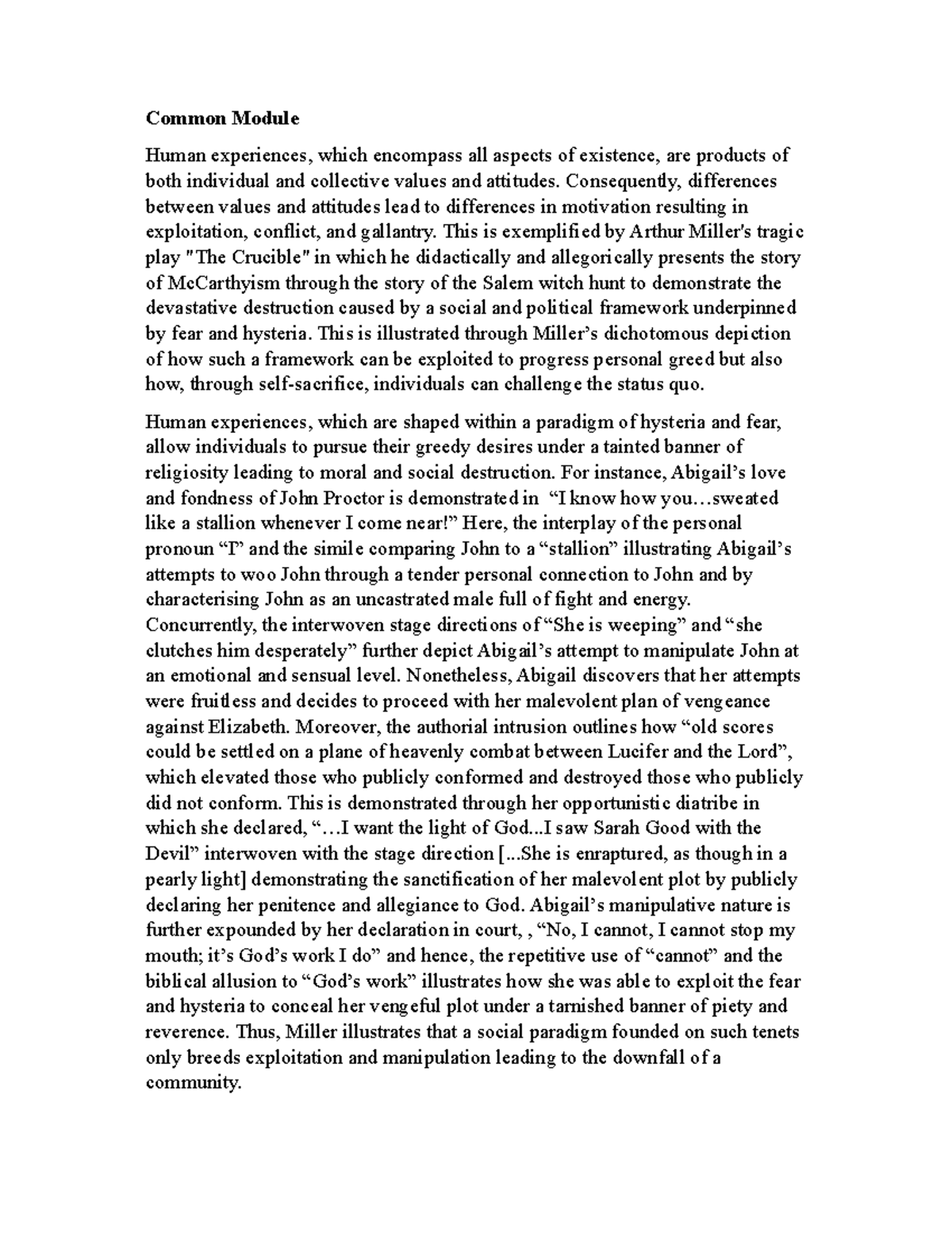 English Essay: Human Experiences in Arthur Miller's Tragedy - Studocu