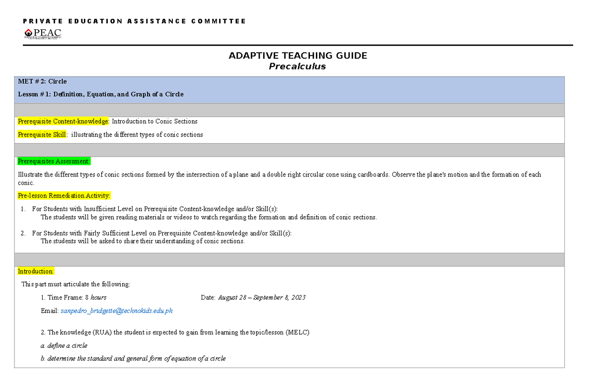 Adaptive Teaching Guide: Lesson on Circles in Precalculus (MET #2 ...