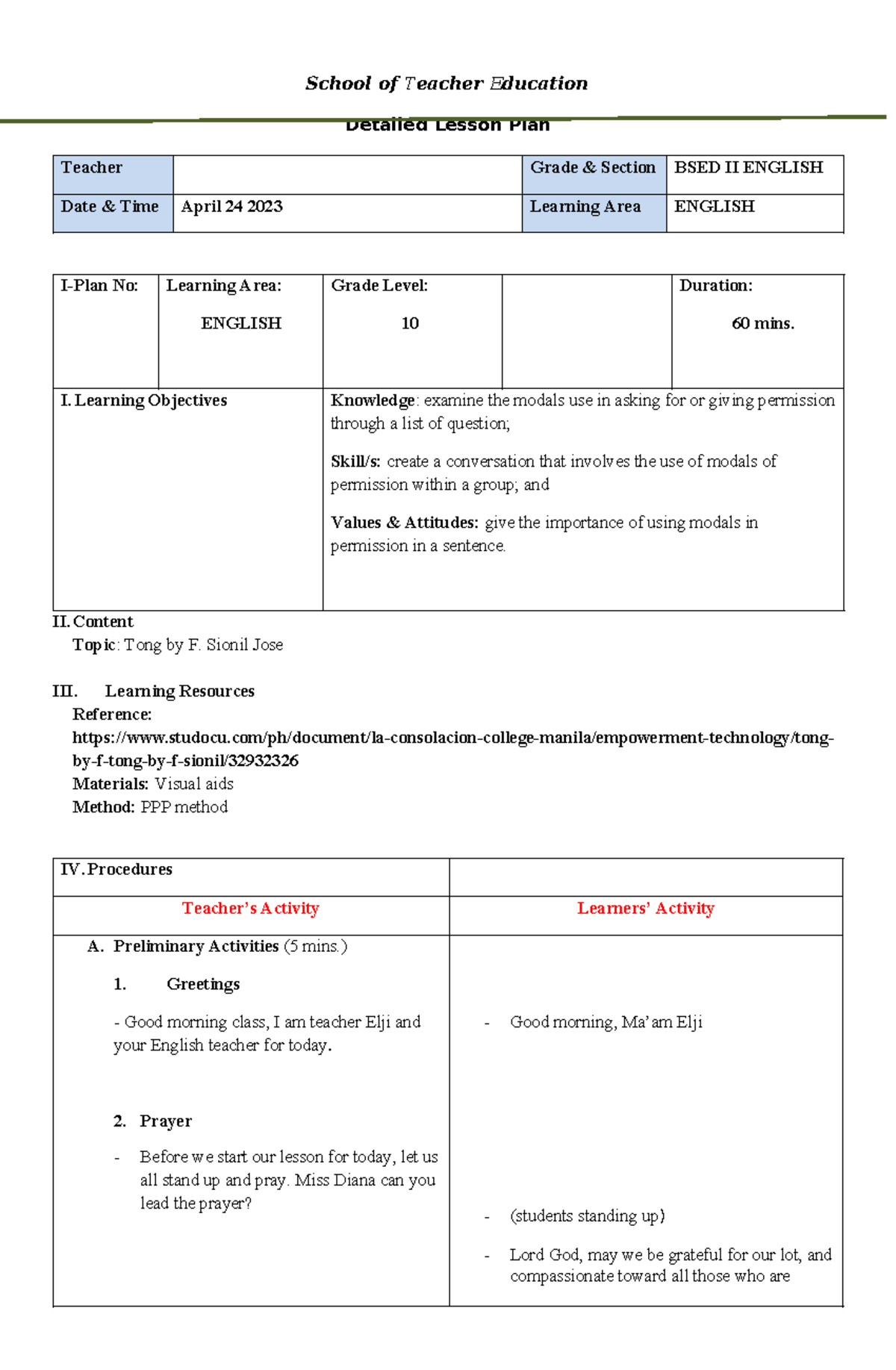 BSED II ENGLISH 10 Detailed Lesson Plan on Modals of Permission - Studocu
