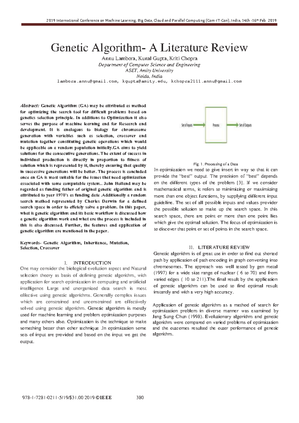 Genetic Algorithms: A Comprehensive Review - 2019 Conf. on ML, Big Data, Cloud - Studocu