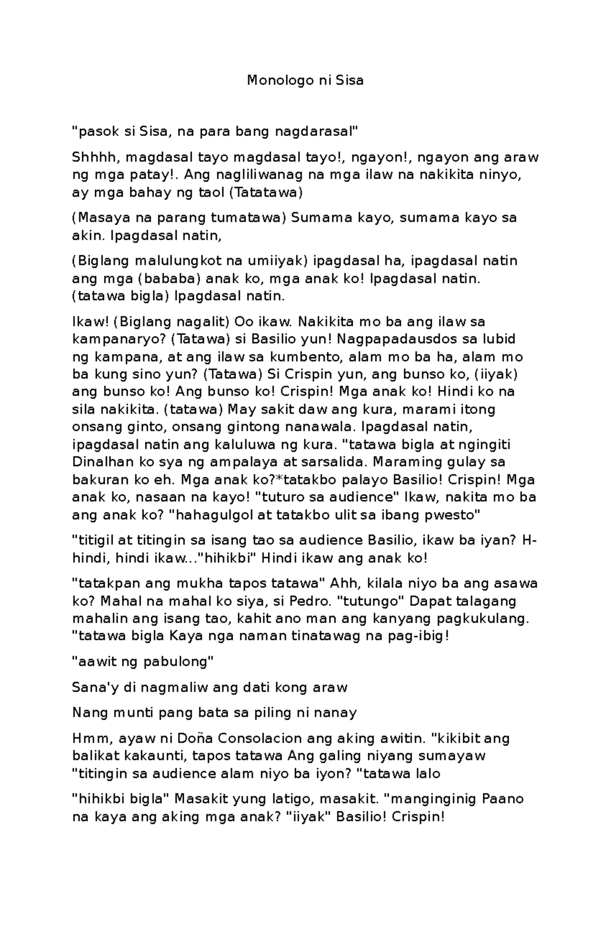 Monologo ni Sisa: Gabay para sa mga Gumanap bilang Sisa - Studocu
