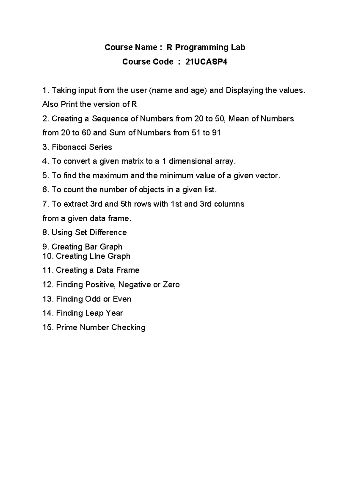 R Programming Lab (21UCASP4): Practical Exercises and Solutions - Studocu