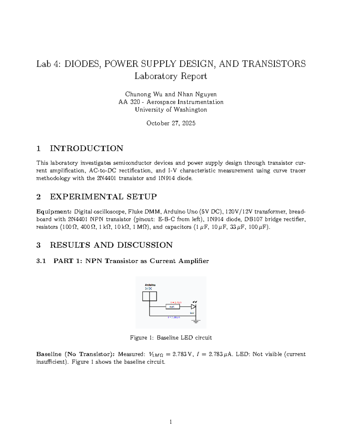 AA 320 Lab 4: Diodes, Power Supply Design, and Transistors Report - Studocu