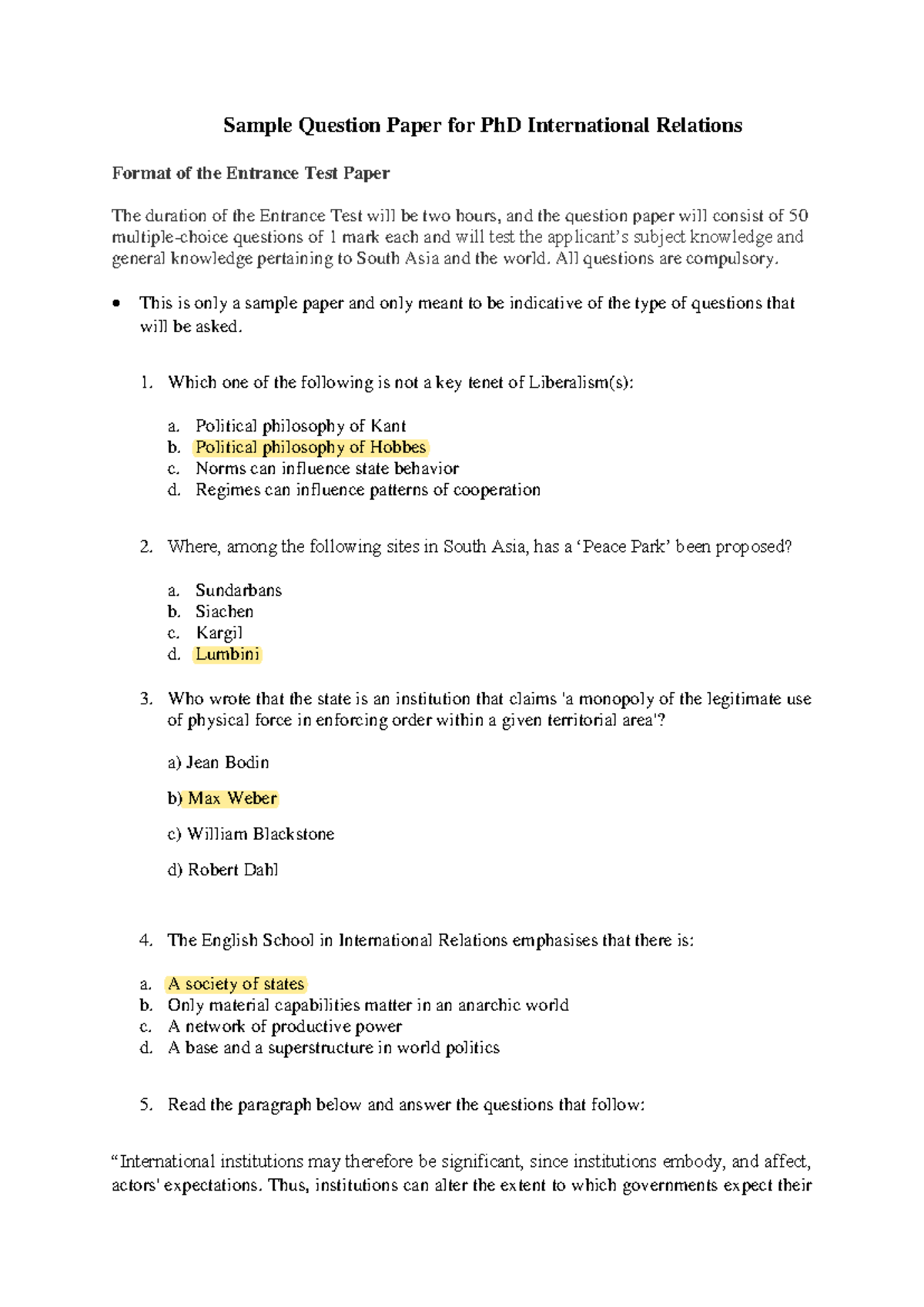 PhD International Relations Entrance Test Sample Q&A Paper - Studocu