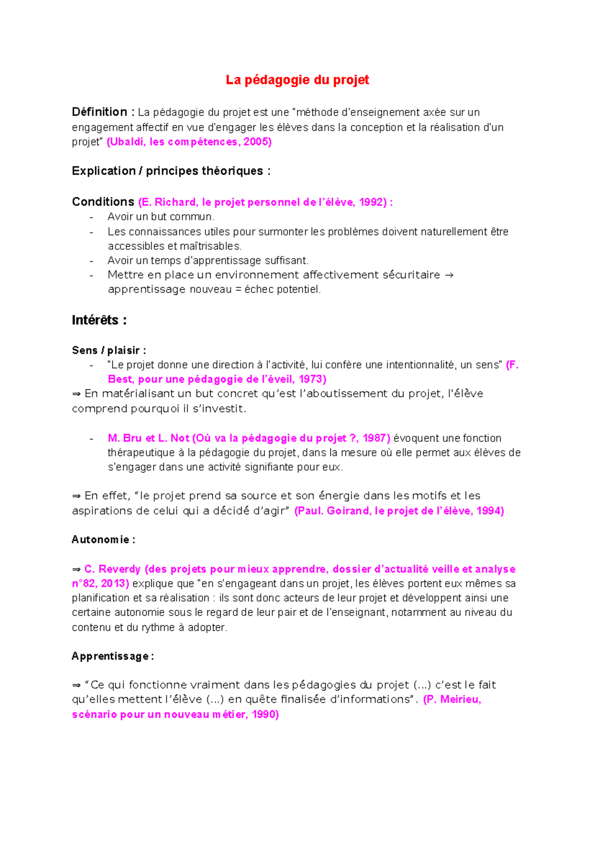 La pédagogie du projet - Fiche thématique pour CAPEPS - Studocu