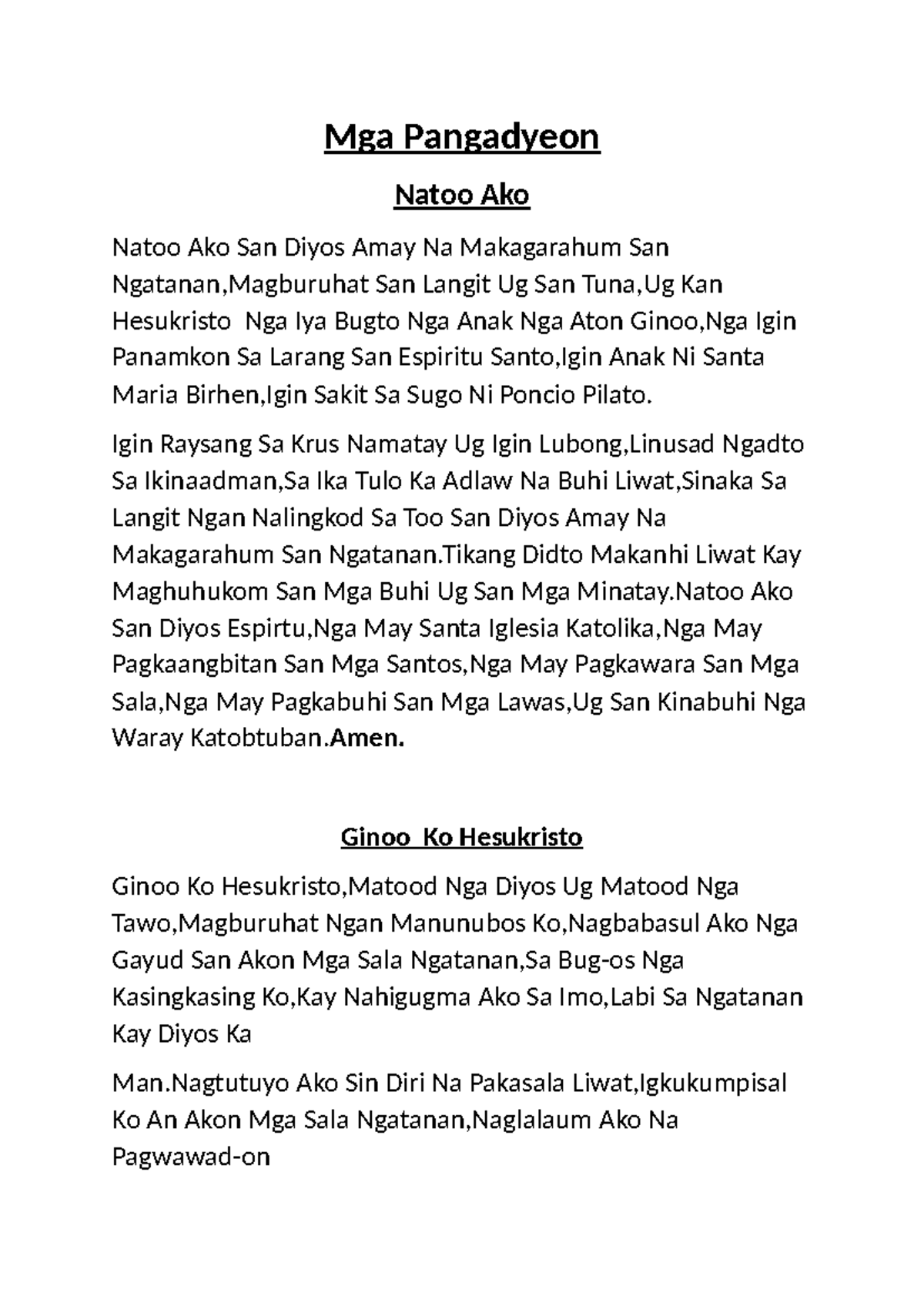 Mga Pangadyeon: Mga Pag-ampo ug Pagtuo - PRAY - Studocu