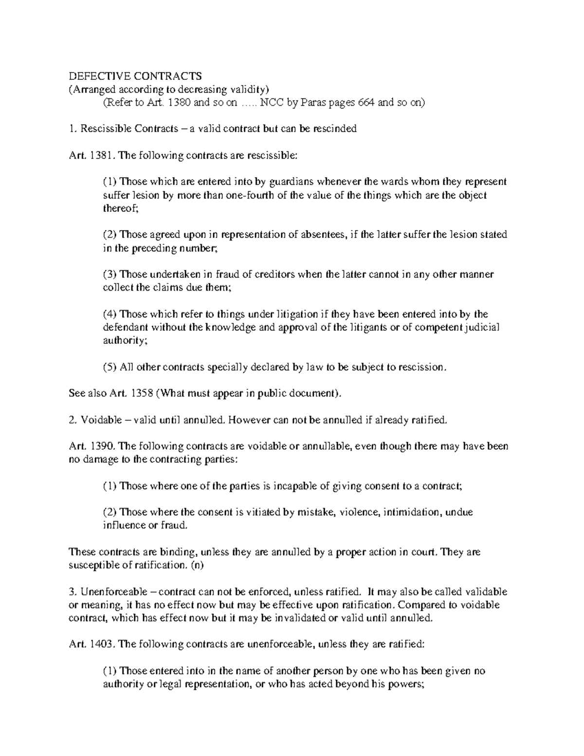 Ncc Art 1380 1409 Rescissible Voidable Enforceable Void Contracts