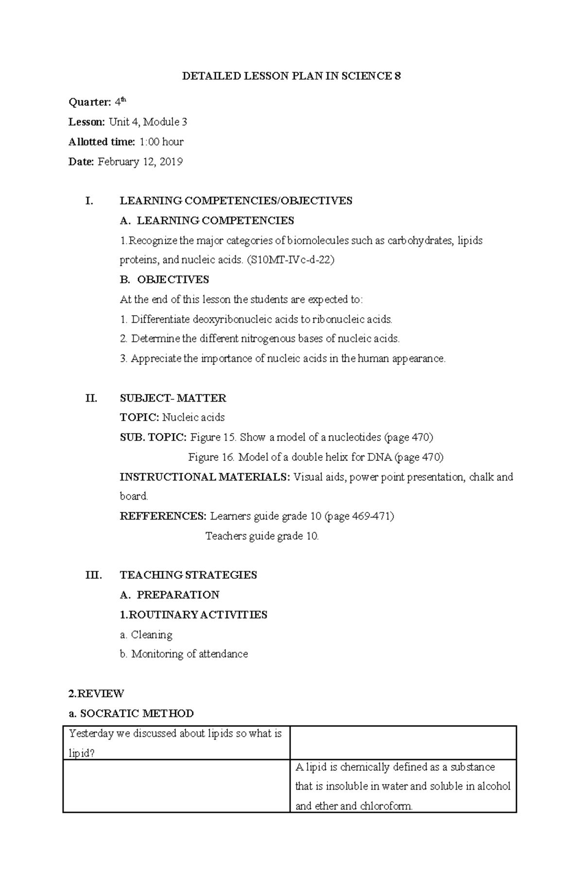 Grade 8 Science Lesson Plan - Nucleic Acids - DETAILED LESSON PLAN IN ...