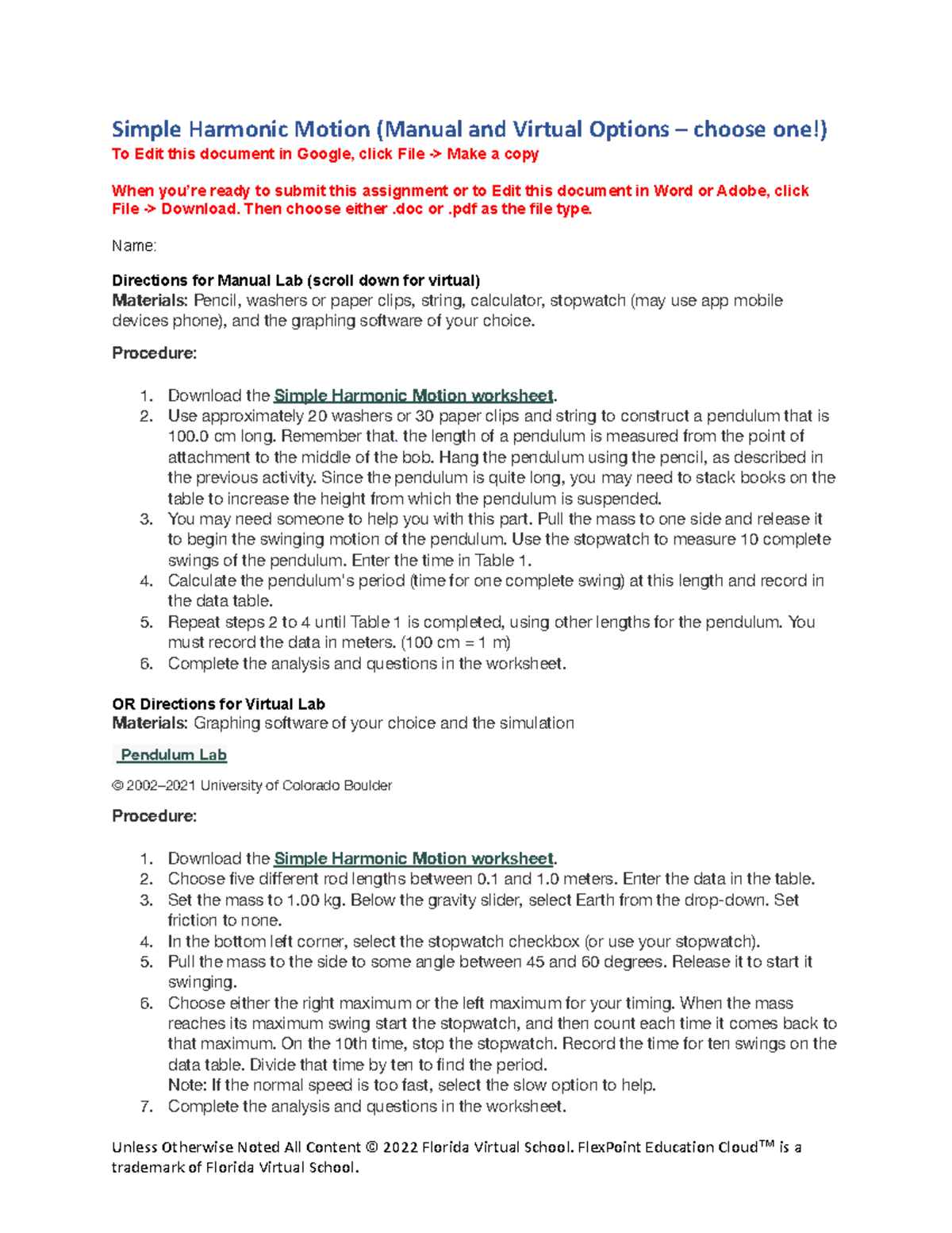 Simple Harmonic Motion Lab Instructions (05 01) - Studocu