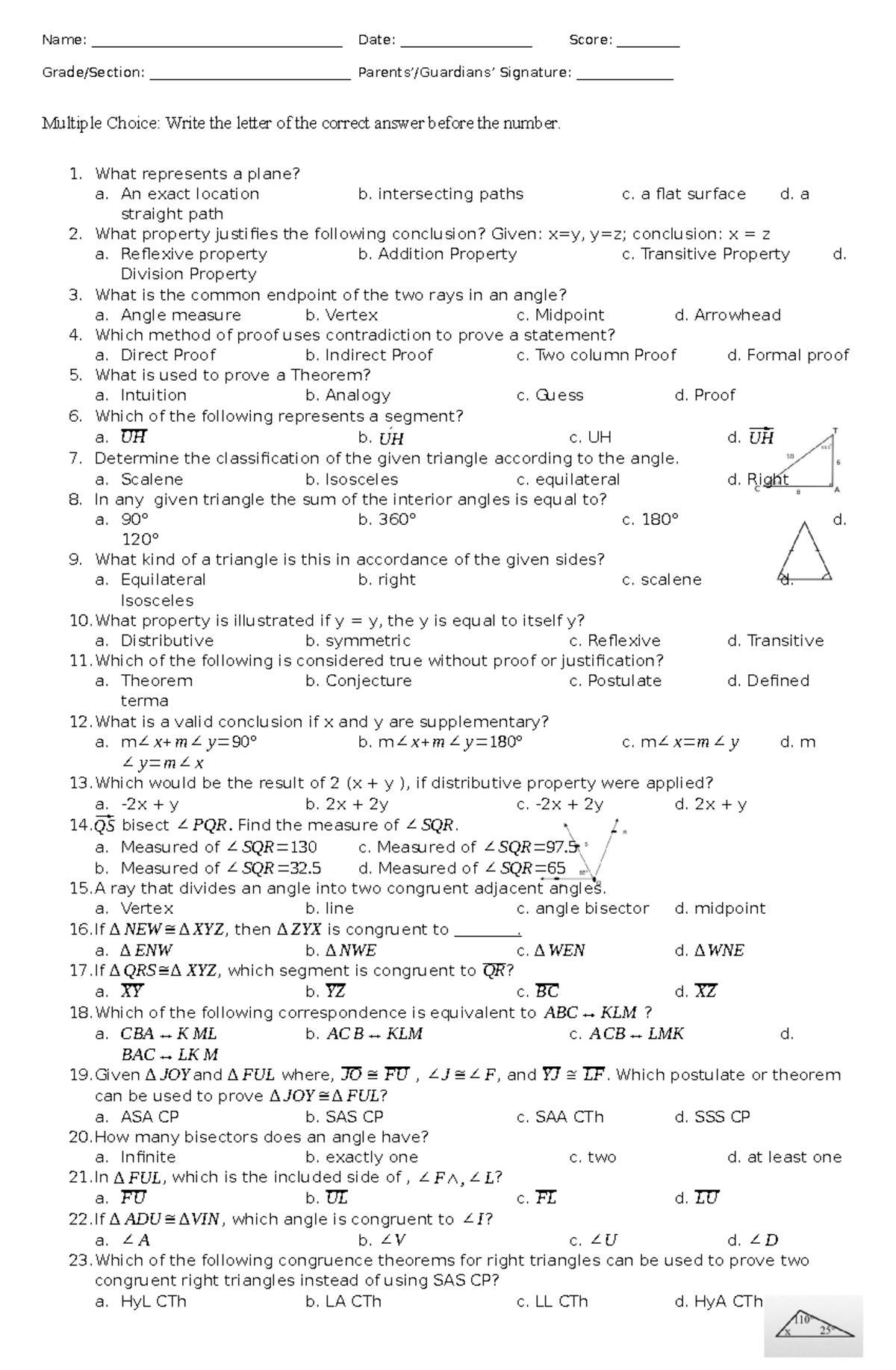 Q3 Math 8 MCQ Review Worksheet - Studocu