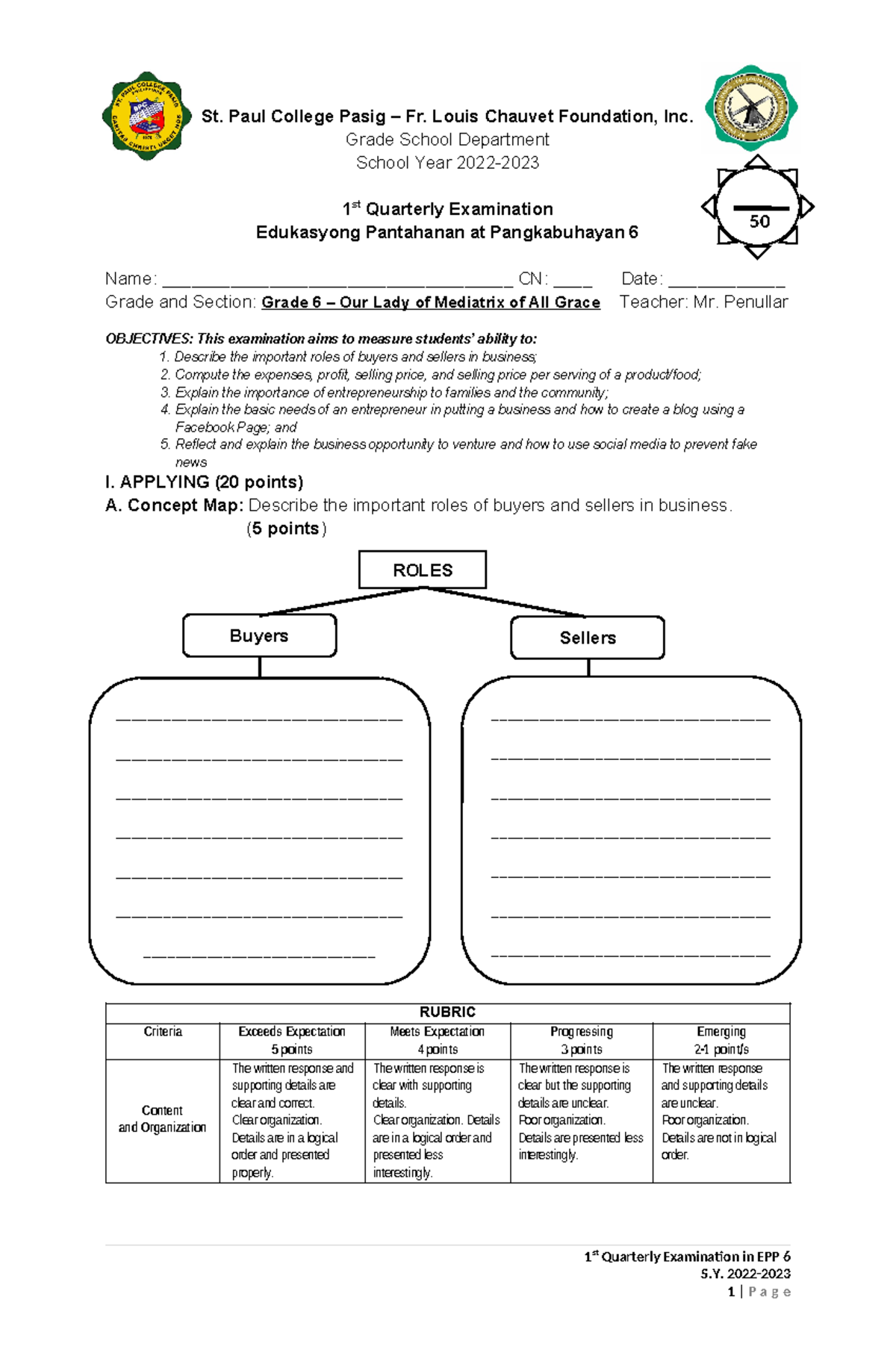 1st Quarterly Examination - EPP 6 - St. Paul College Pasig – Fr. Louis ...