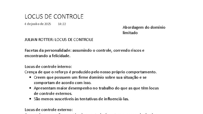 Locus de Controle: Conceitos e Facetas da Personalidade TEO.P - Studocu