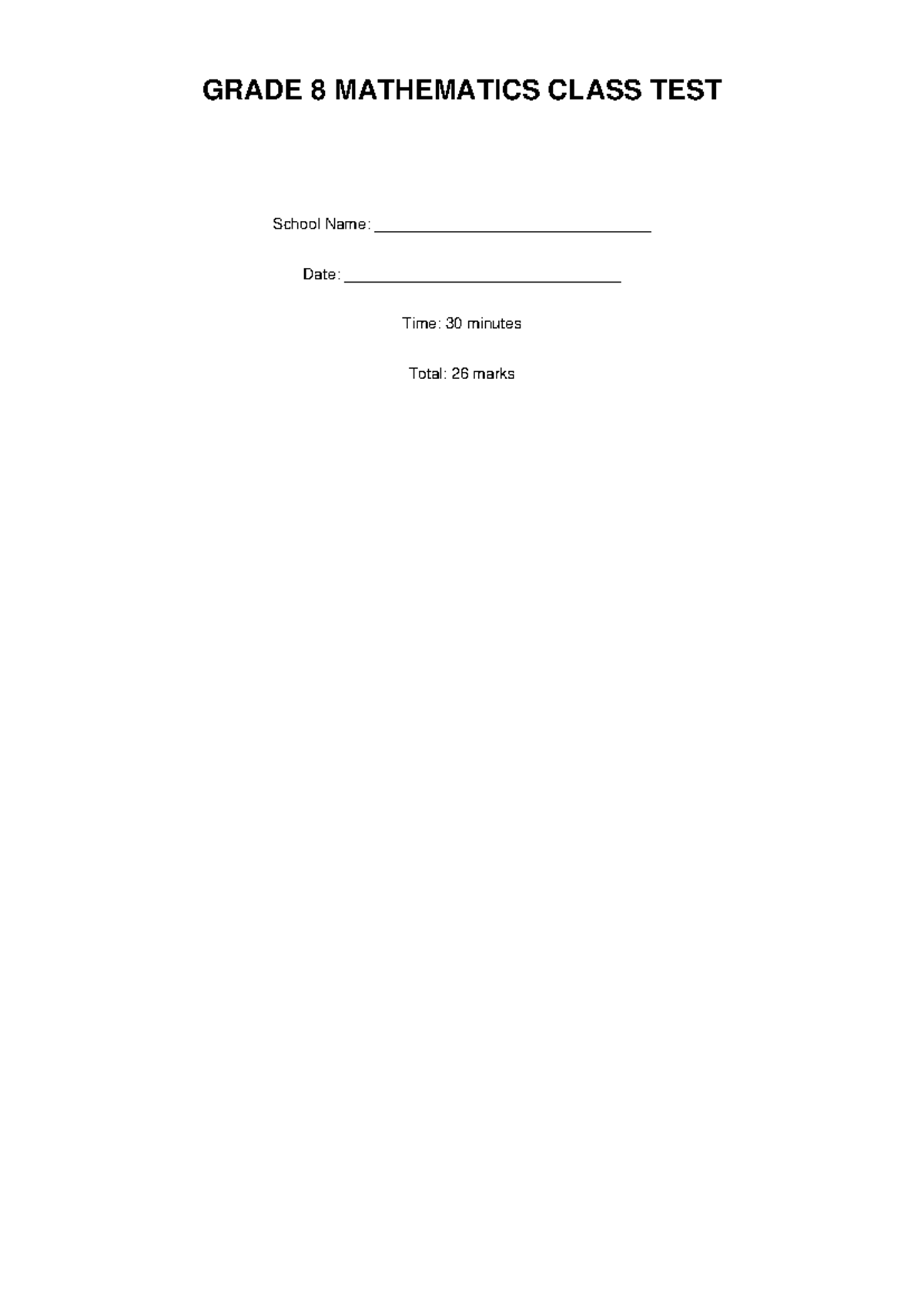 Grade 8 Mathematics Class Test - Cover Page and Details - Studocu