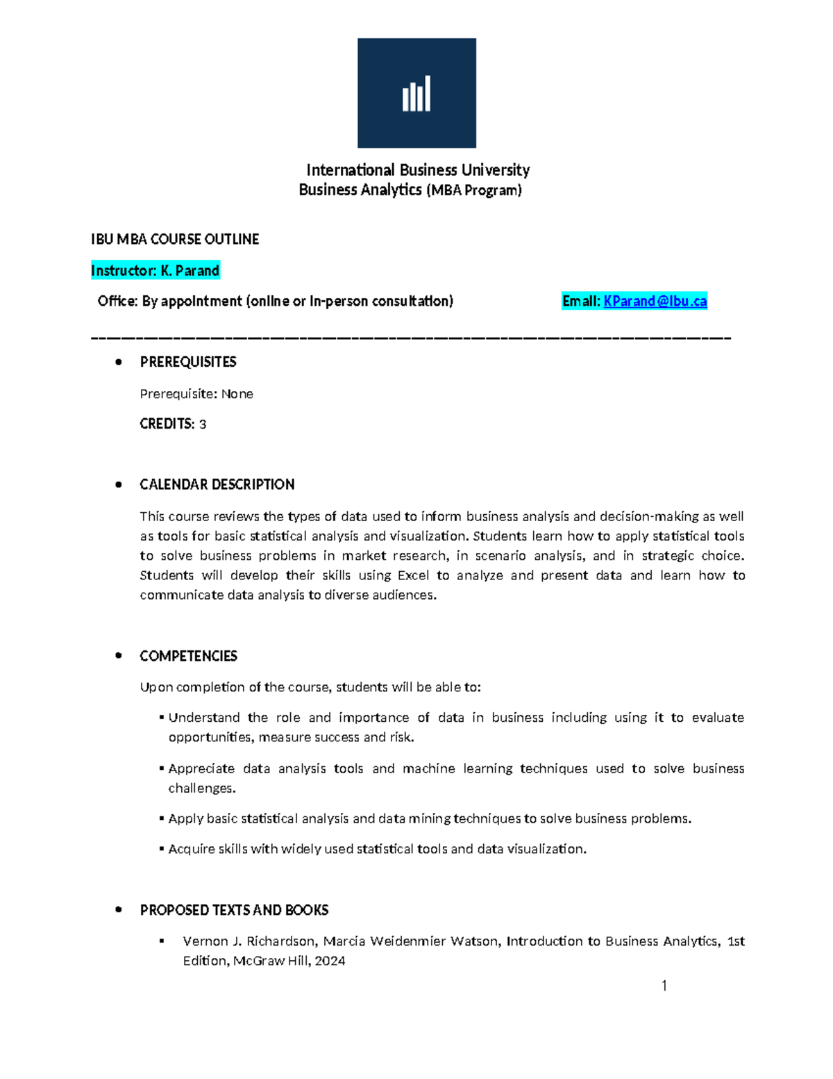 IBU MBA Business Analytics Course Outline - Fall 2025 - Studocu