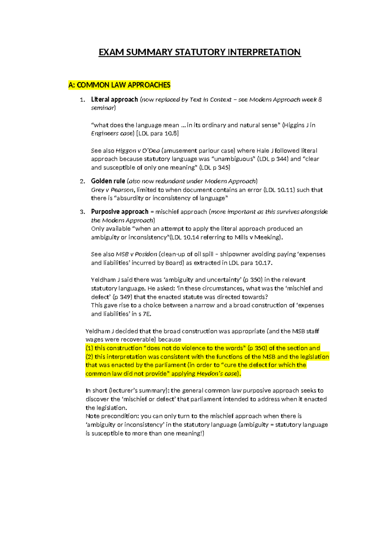 Statutory Interpretation Exam Summary: Common & Modern Approaches - Studocu