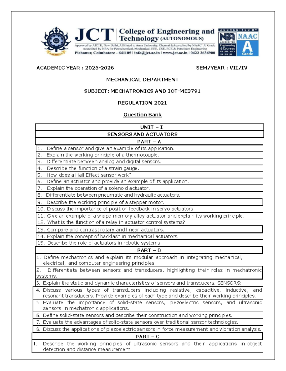 MECH 2021: Mechatronics Question Bank - Sensors, Actuators & IoT - Studocu