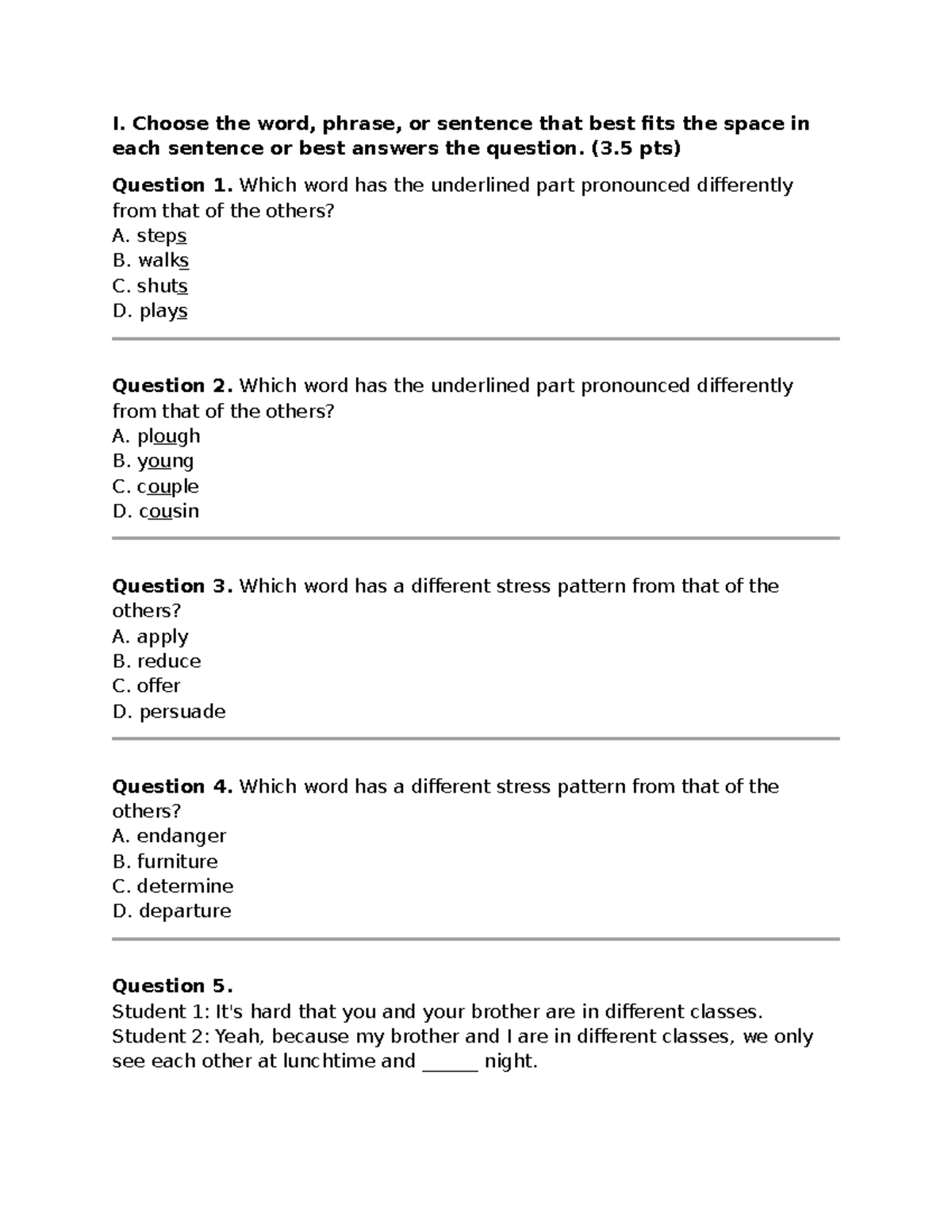 ĐỀ 23 - Quiz on Pronunciation, Stress Patterns, and Vocabulary - Studocu