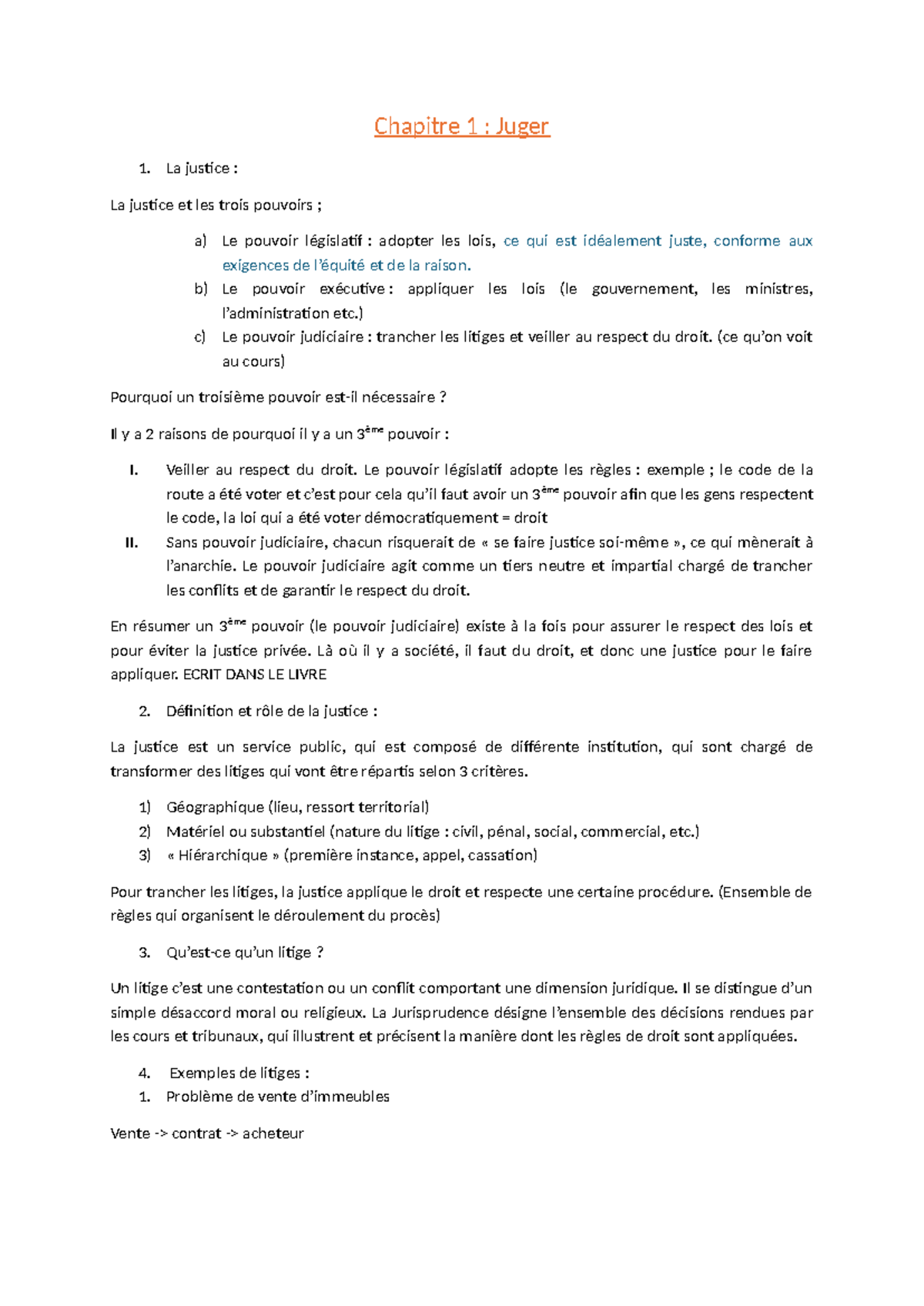 Chapitre 1 : La Justice et les Trois Pouvoirs - Analyse et Définition - Studocu