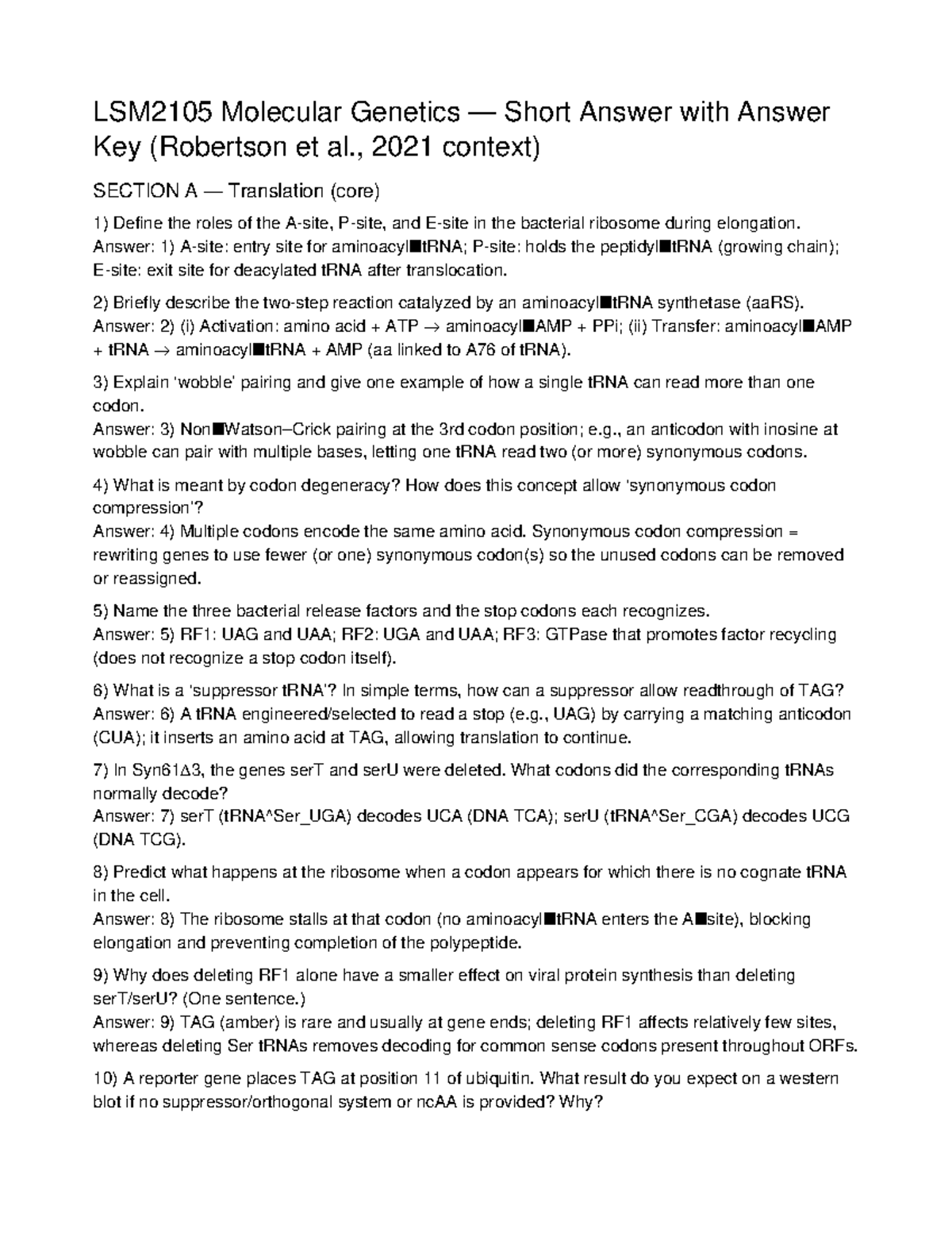 LSM2105 Molecular Genetics Short Answer Key (Robertson et al., 2021 ...