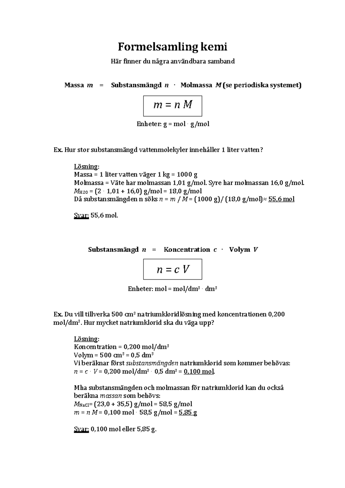 Kemiformler - Formelsamling Kemi för Substansmängd och Koncentration ...