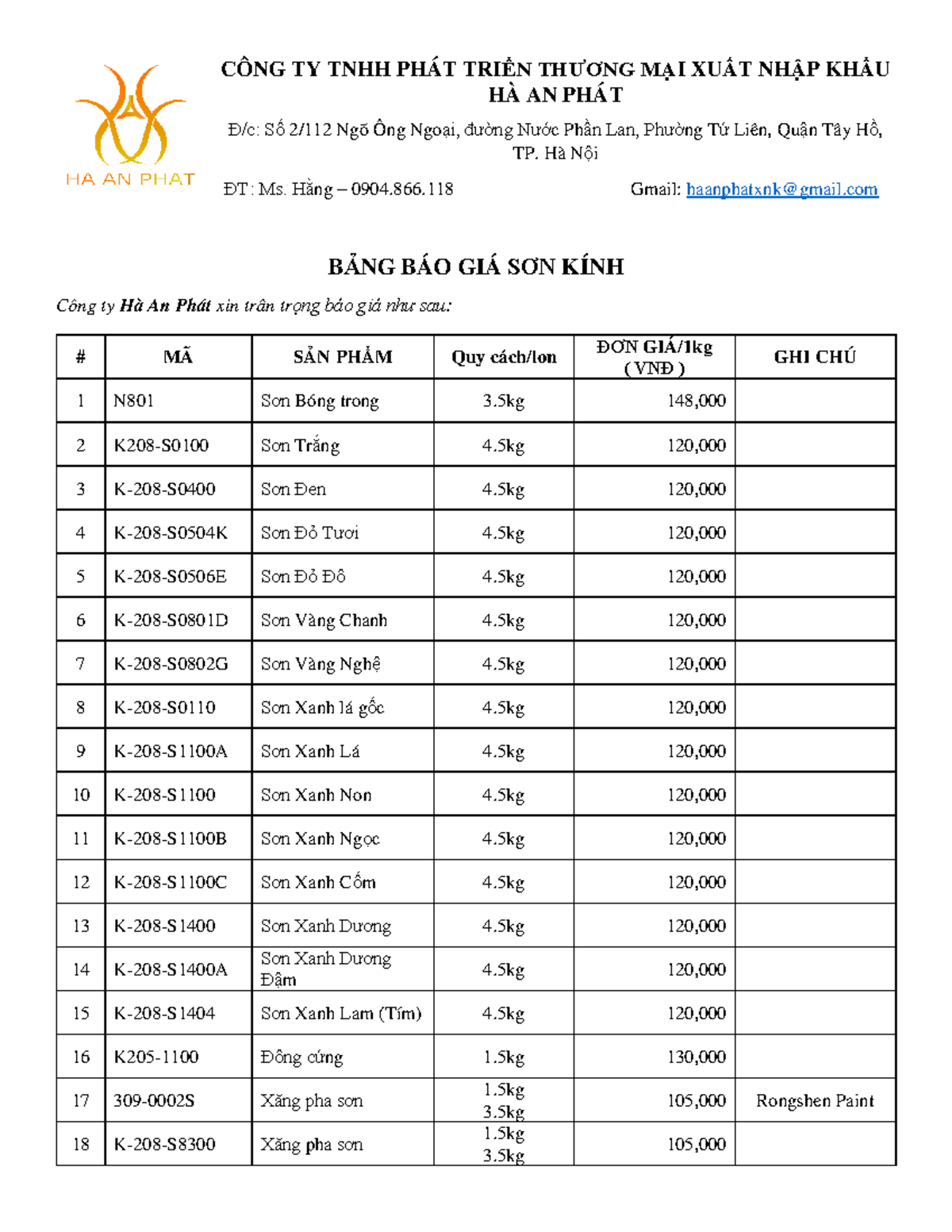 Bảng báo giá sơn kính - yyyyyyyyy - CÔNG TY TNHH PHÁT TRIỂN THƯƠNG MẠI ...