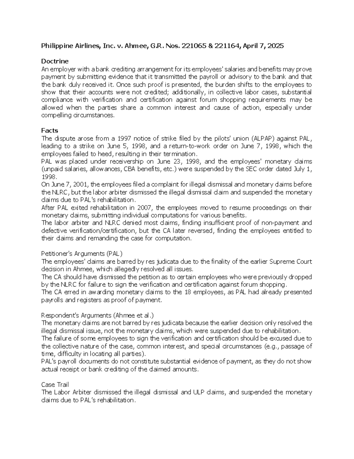 Philippine Airlines, Inc. v. Ahmee: G.R. Nos. 221065 & 221164 Case ...